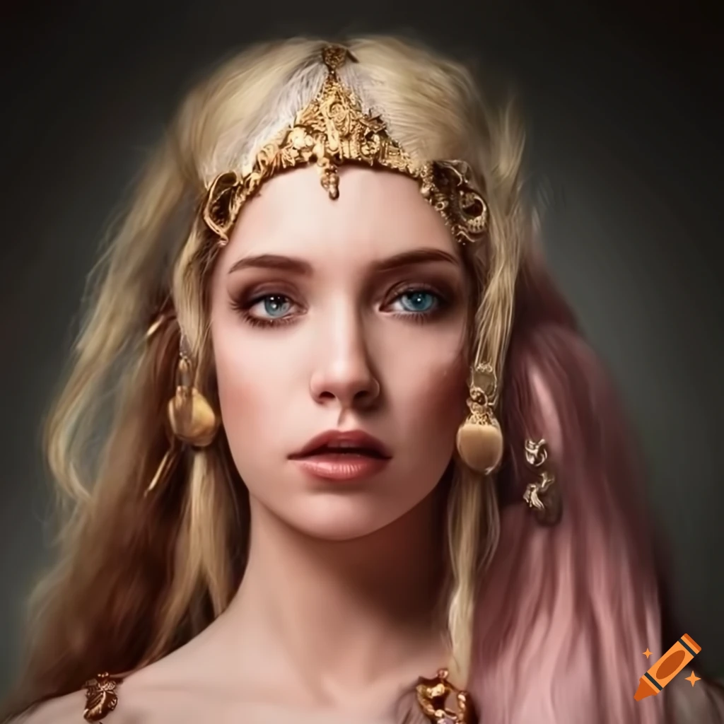 Medieval beautiful woman with blonde hair and cerulean eyes in a pink ...