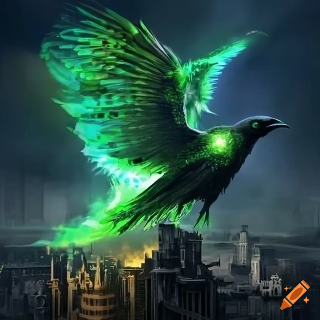 Mythical raven with glowing green feathers over a futuristic steampunk ...
