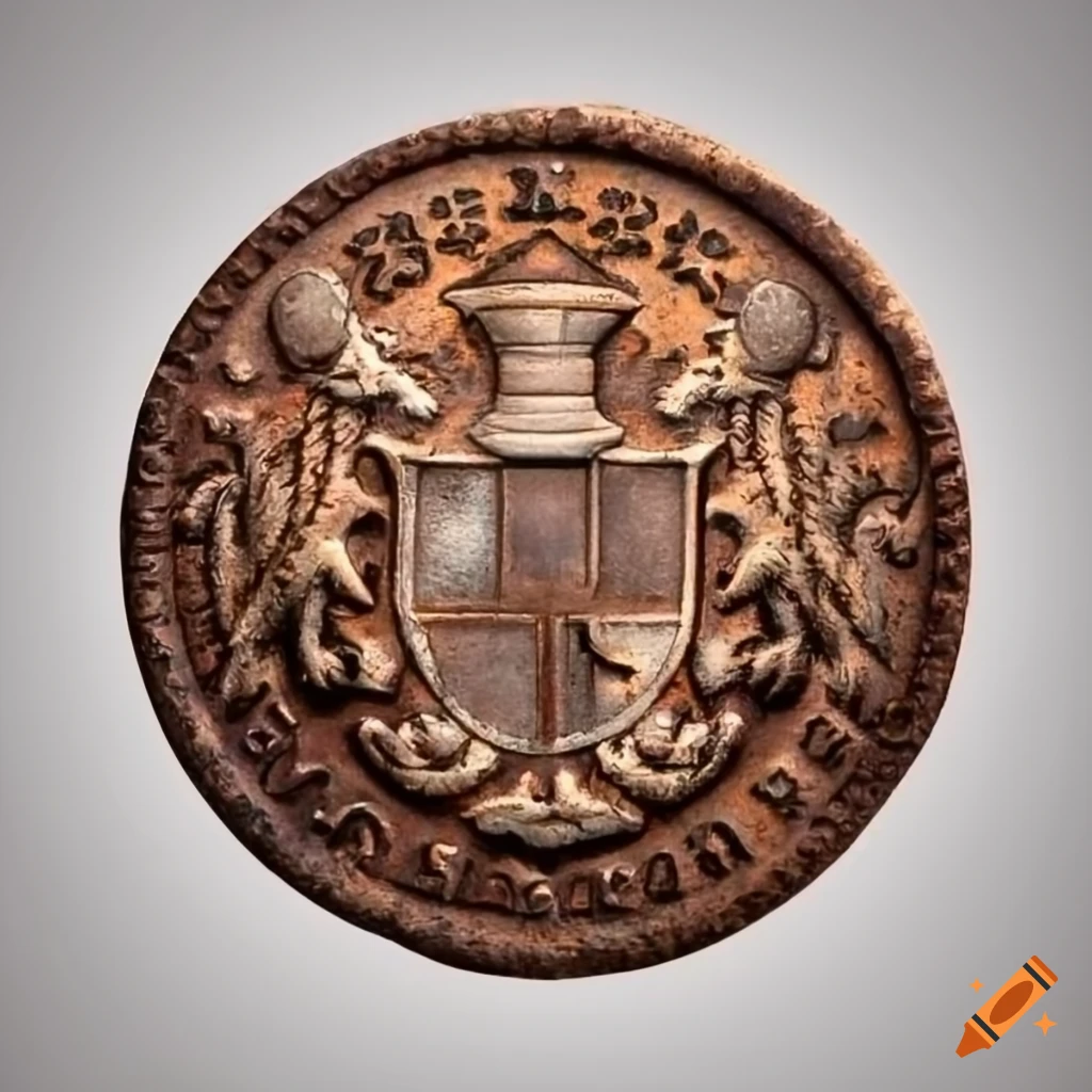 Old rusty antique coin with a coat of arms engraving on Craiyon