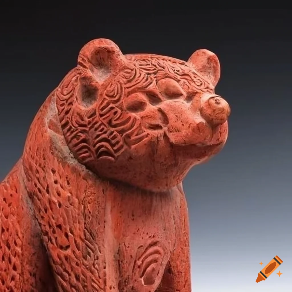 Primitive art red bear stone carving in a nature landscape on Craiyon