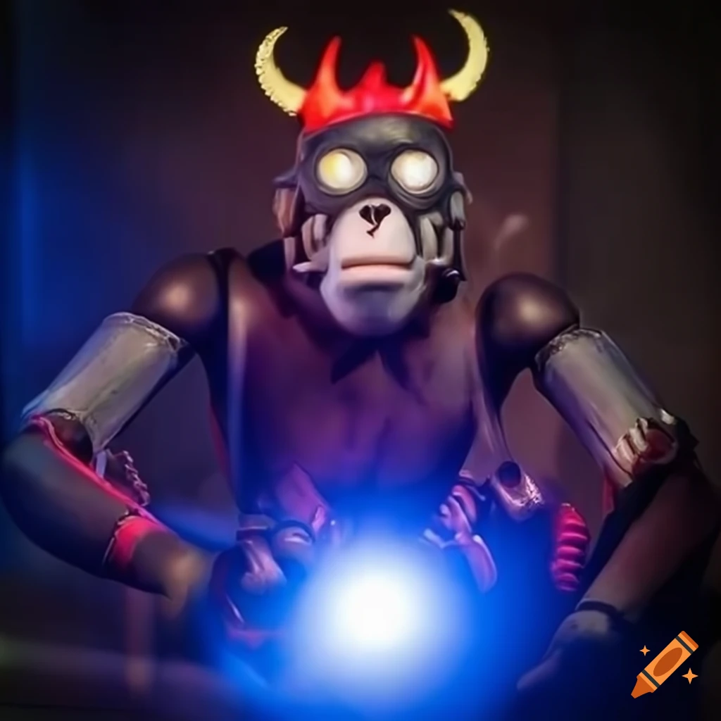 Robot monkey with devil horns, vampire fangs, metal claw hand, crown on ...