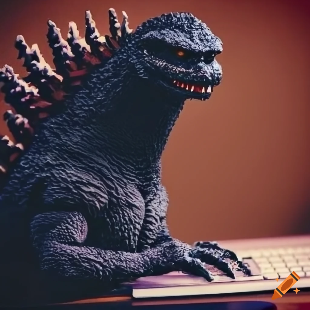 Godzilla in a kimono working on a computer in a zen office on Craiyon