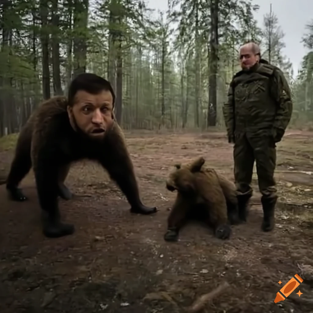 Zelenskyy and putin riding a bear on Craiyon