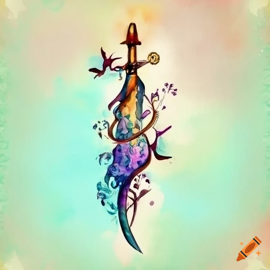 Intricate floral-designed sleek sword in watercolor on Craiyon