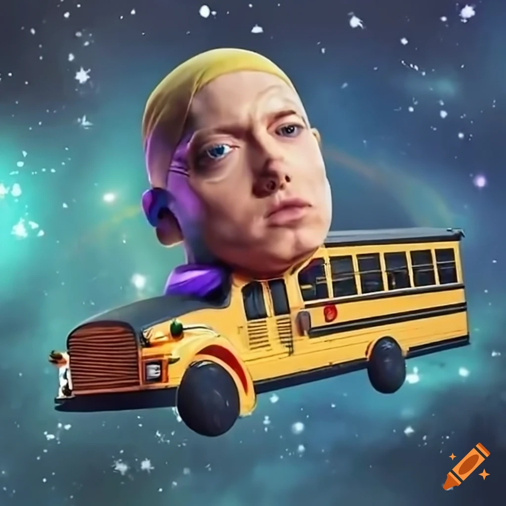 Eminem riding a magical school bus in space with a rainbow and beard on ...