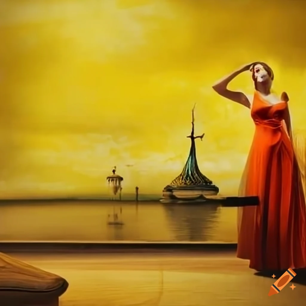 Tall opera diva in a dali-style landscape with a yellow dress on Craiyon