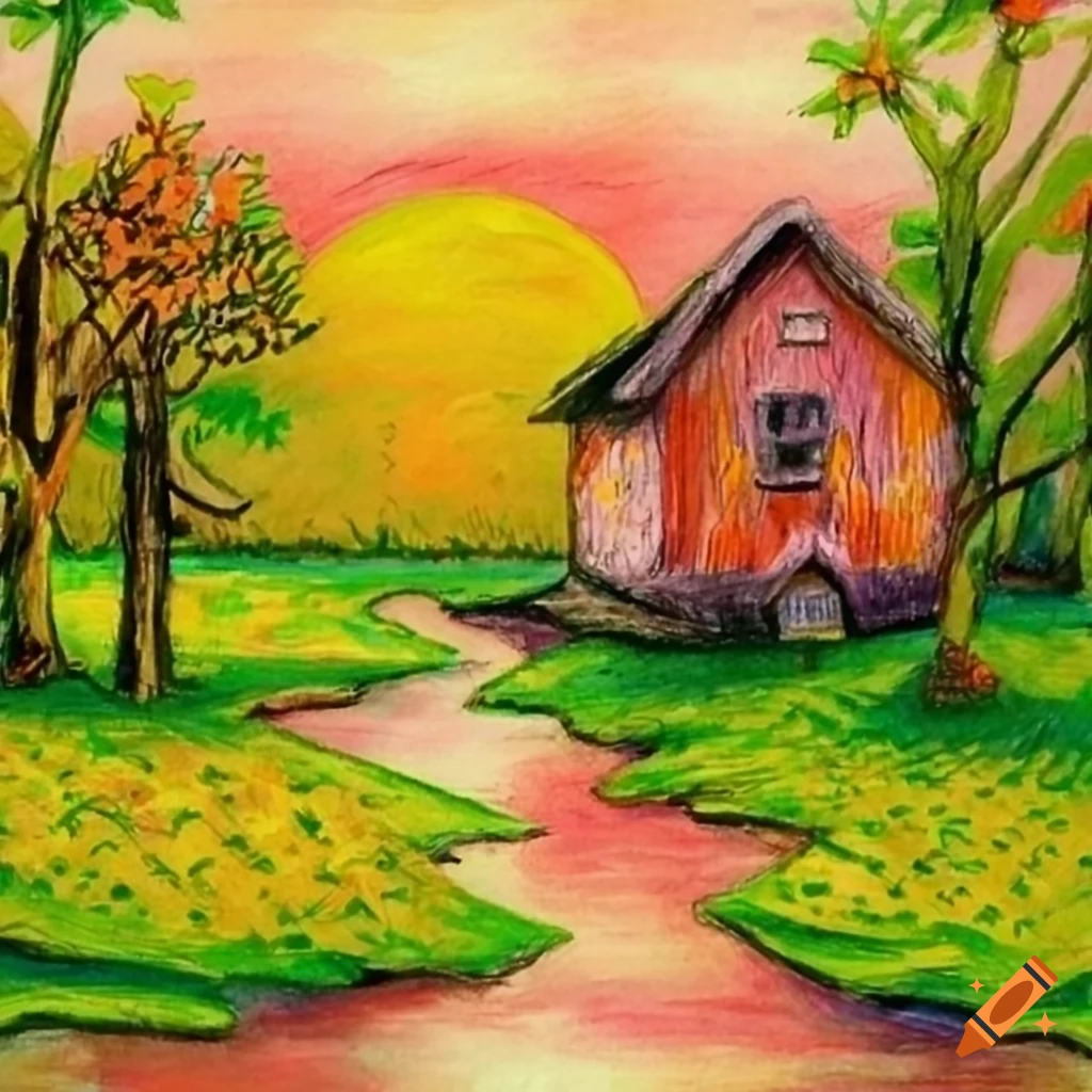 Primitive naive art of a small house in an oak water swamp pond ...
