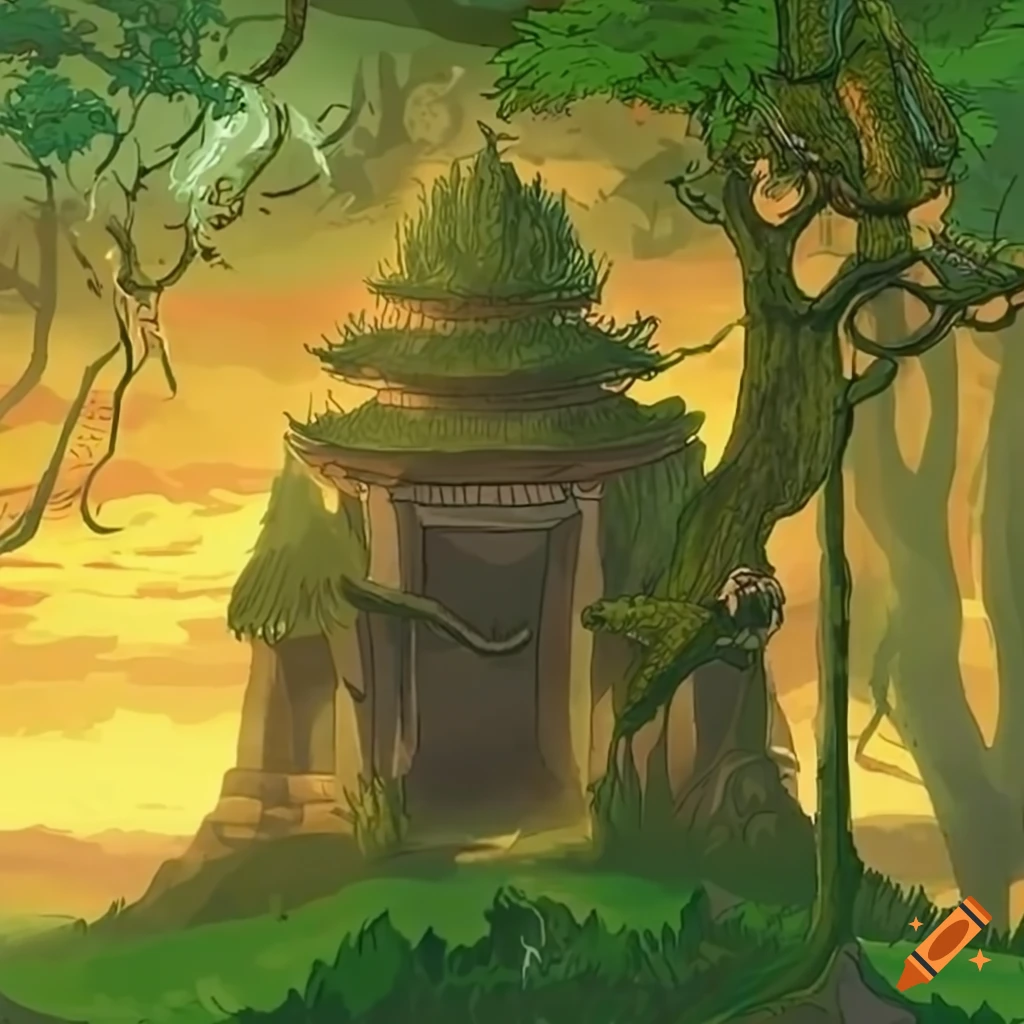 Epic scene of a strong monk with a staff in a lush rain forest near a ...