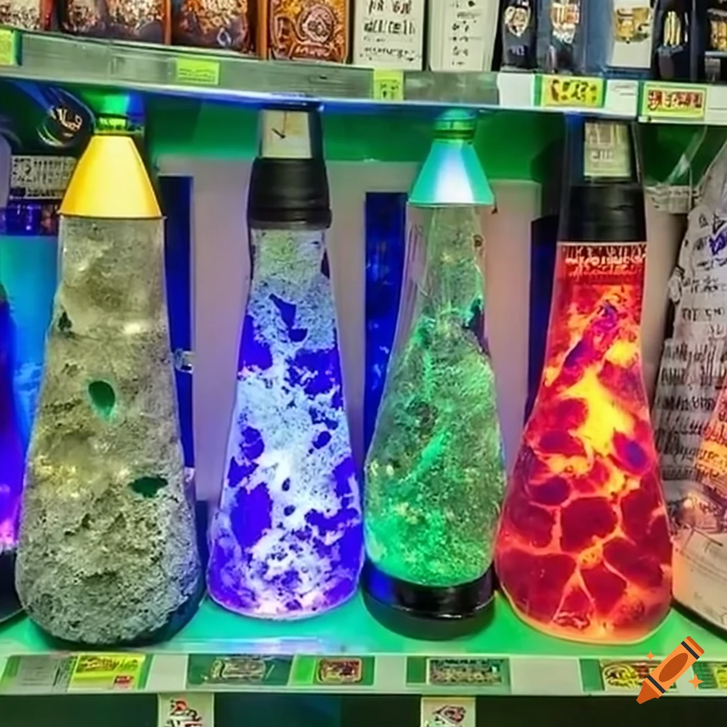 Store shelf filled with colorful lava lamps on Craiyon