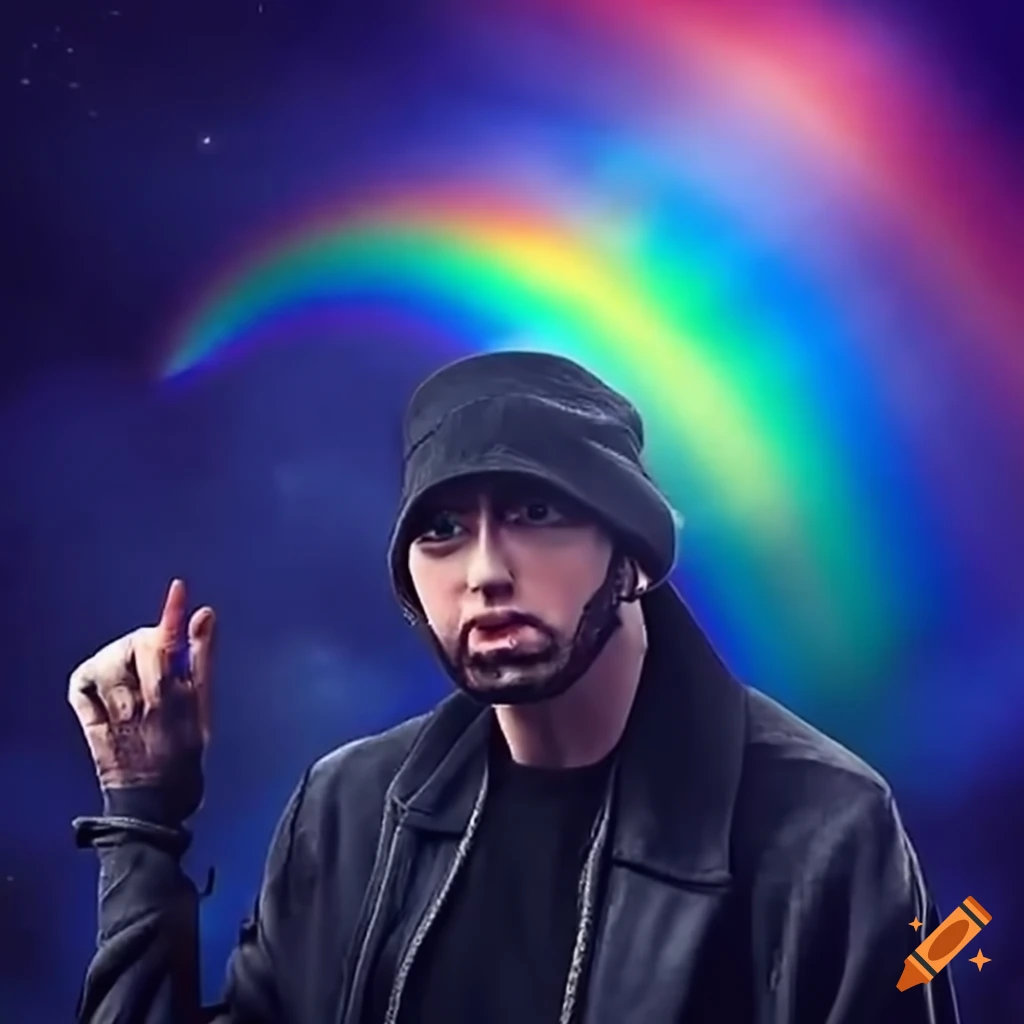 Eminem on a magical space school bus with a rainbow on Craiyon