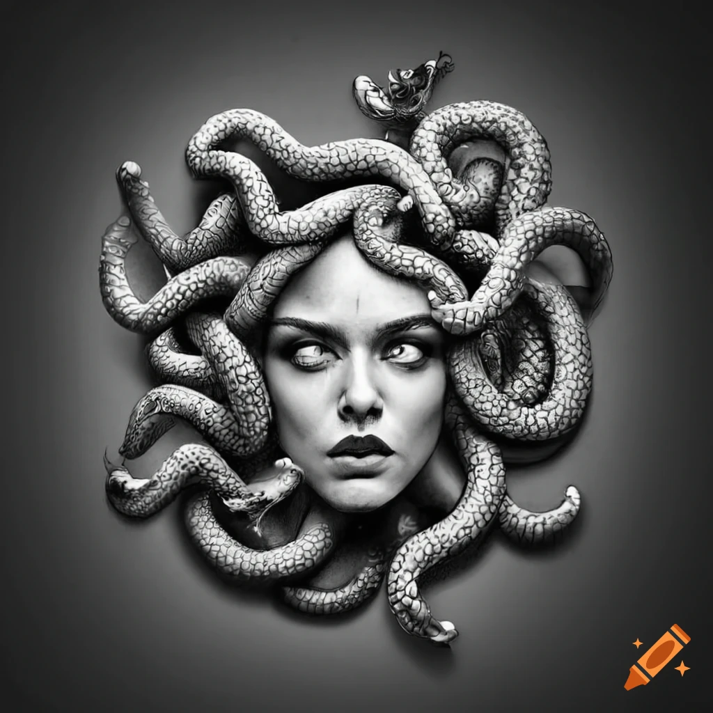 Black and white medusa drawing with many snakes on her head for tattoo ...