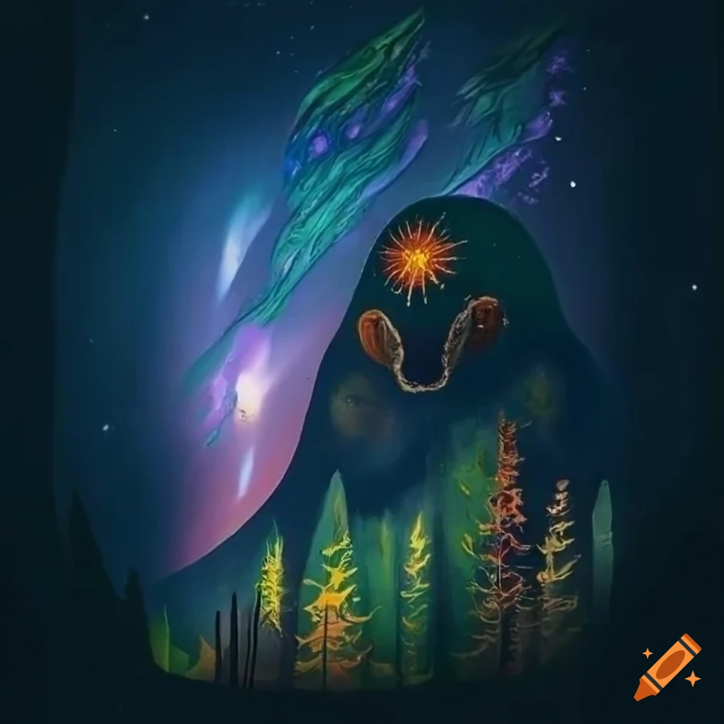 Abstract primitive art depicting a cosmos landscape with various ...