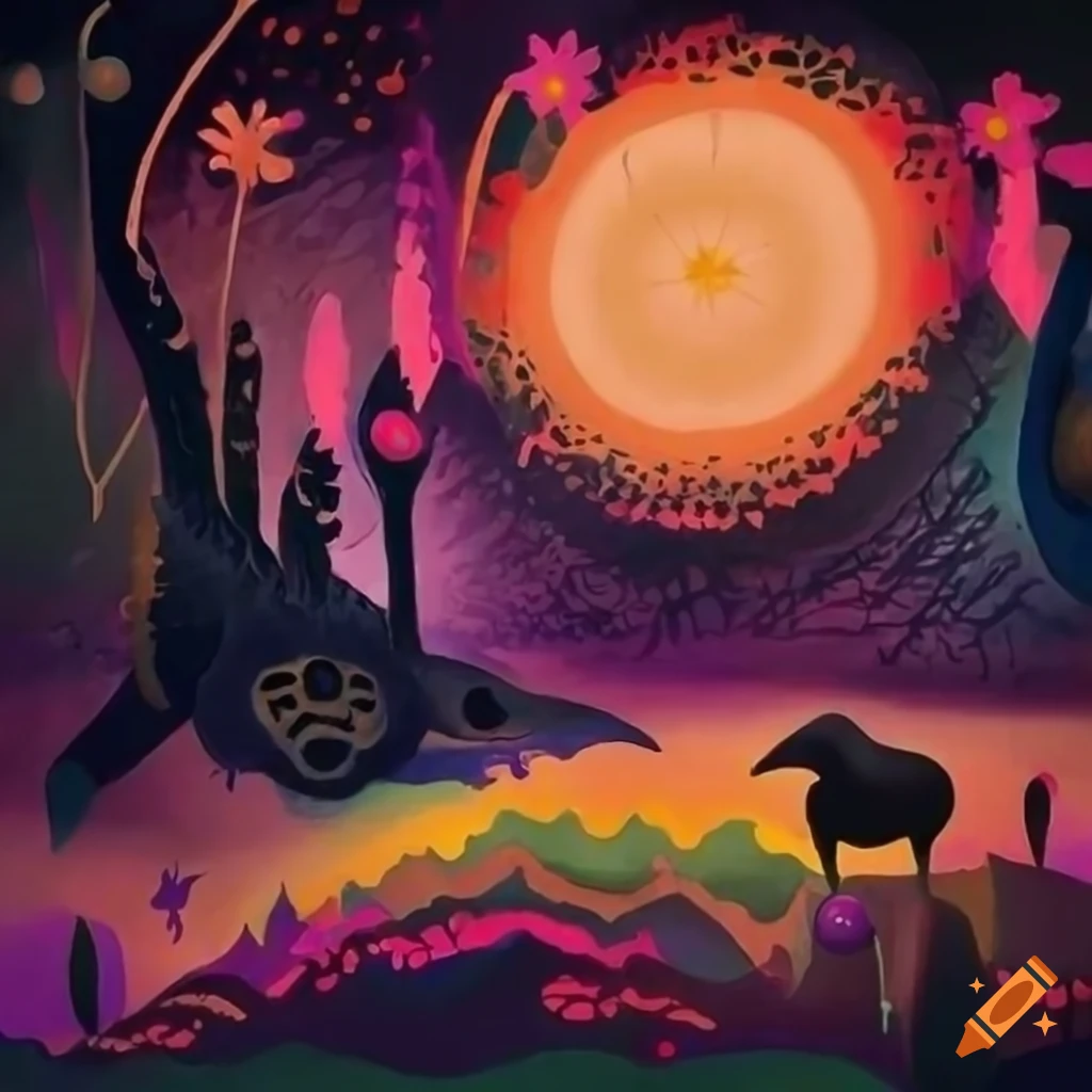 Abstract primitive art depicting a cosmos landscape with animals on Craiyon