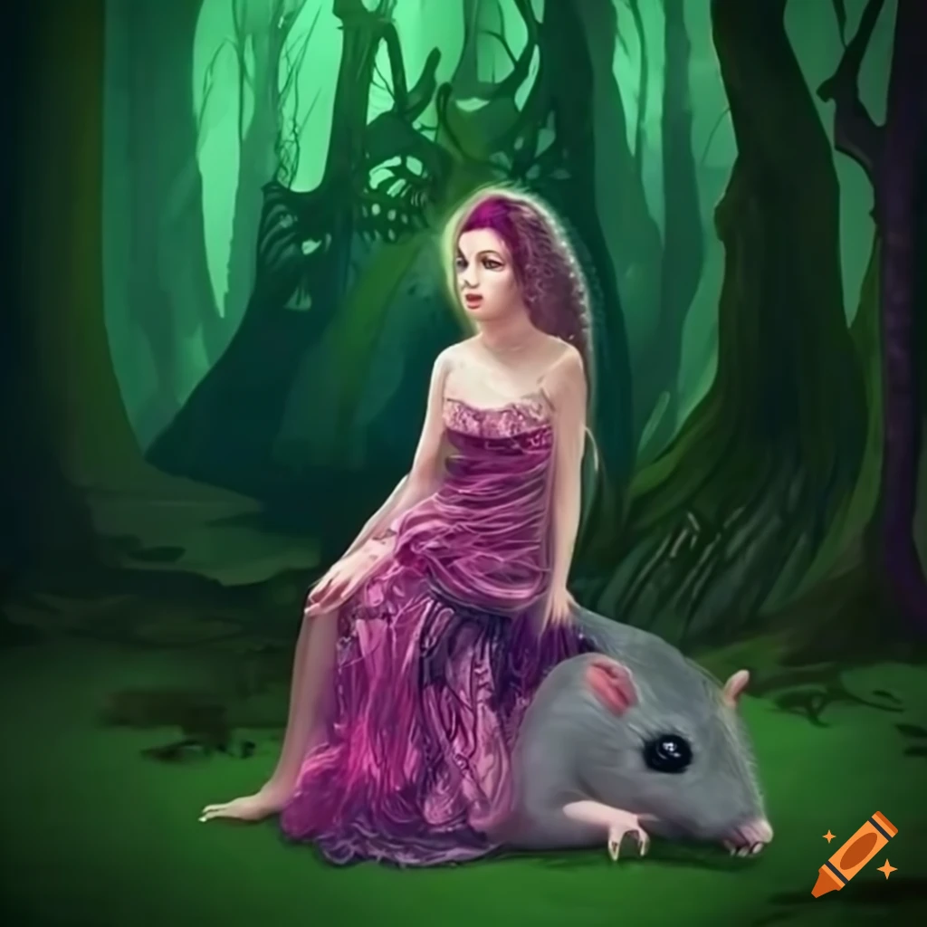 Brave woman in flowing dress exploring enchanted forest with pet rat on ...