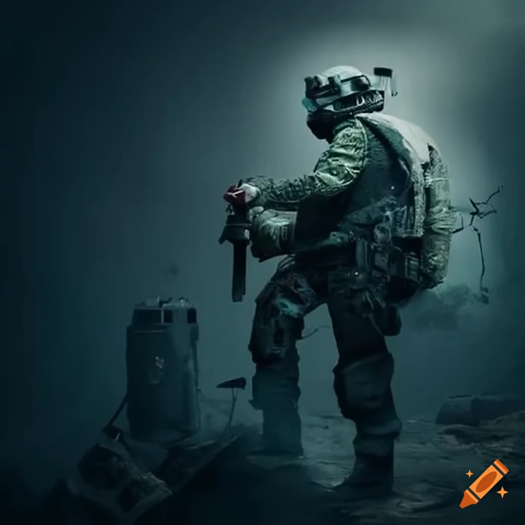 Explorer in high tech gear surveying a post-apocalyptic wasteland on ...