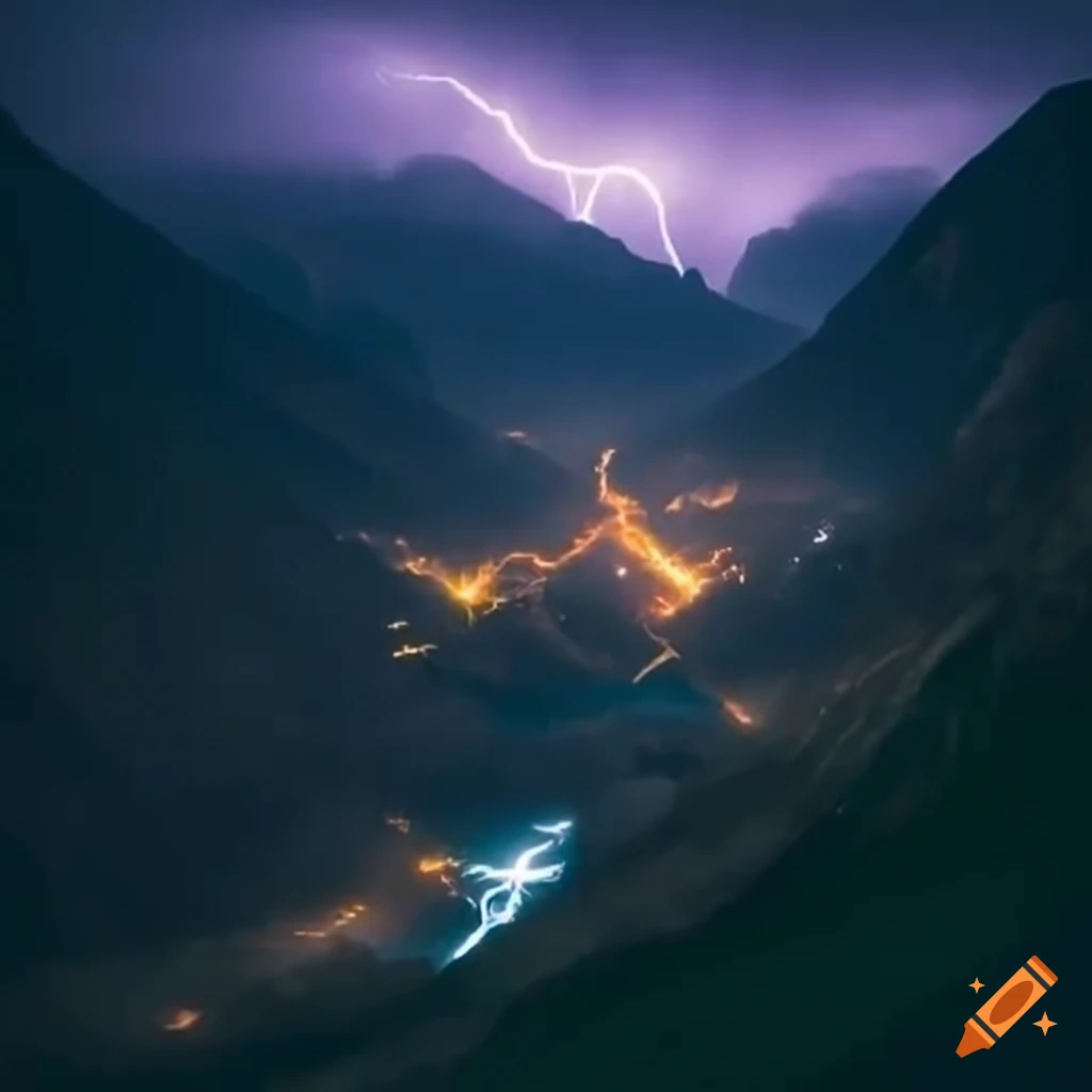 Thunder over a village in a valley at night on Craiyon