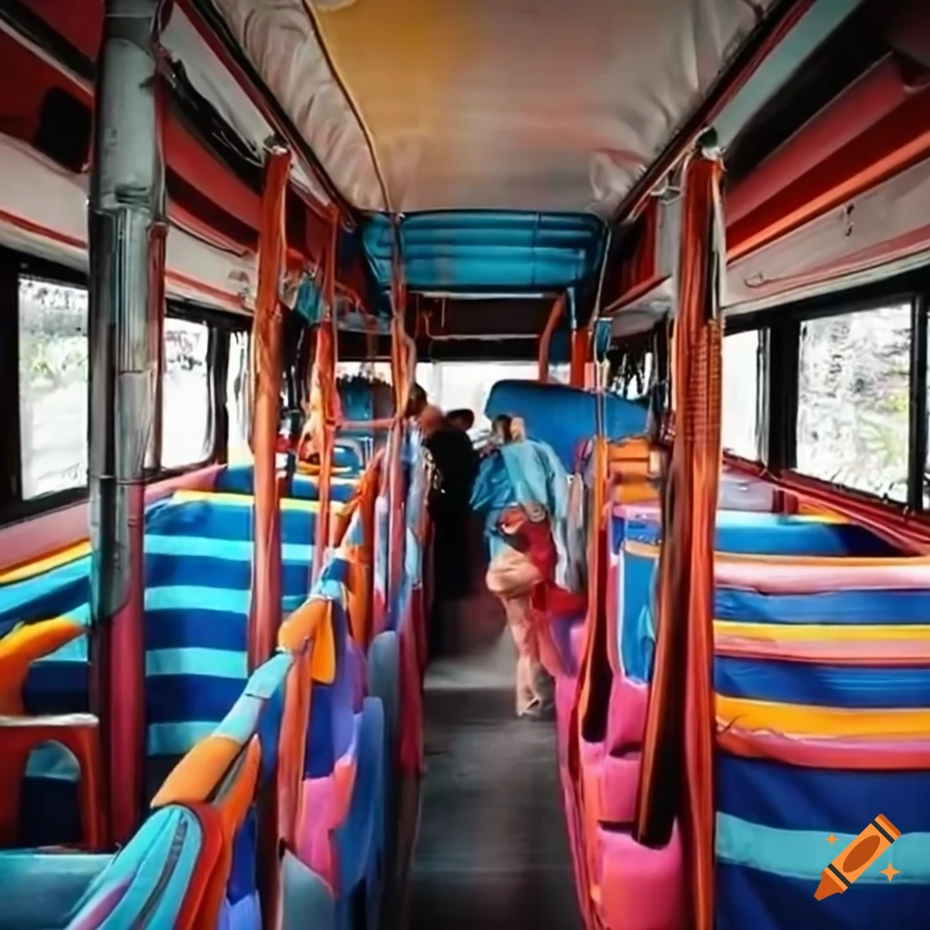 Romantic scene inside a colorful Brazilian bus where a woman and a man ...