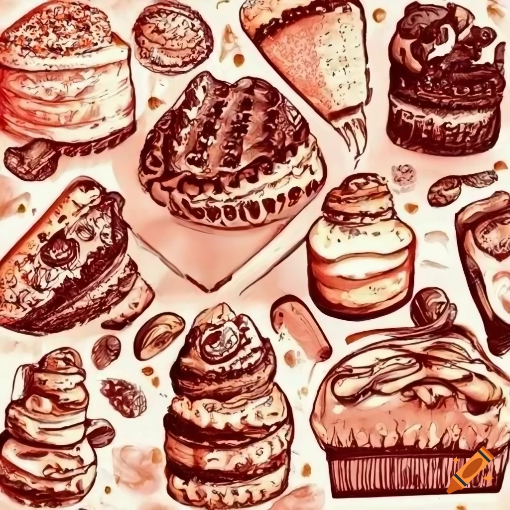 Sketch of baking many cakes collage on Craiyon