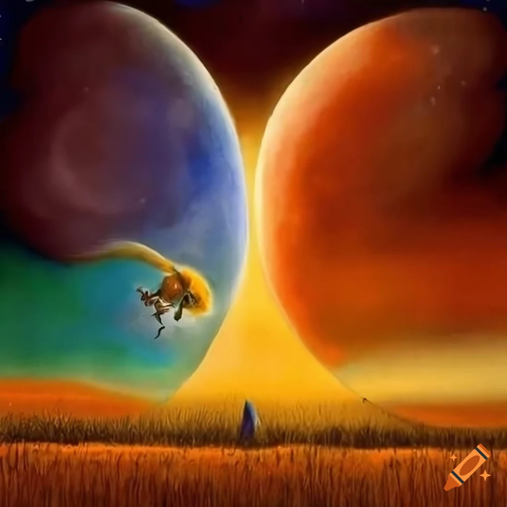 Moon above surreal landscape with flowers, wheatfields, and mysterious ...