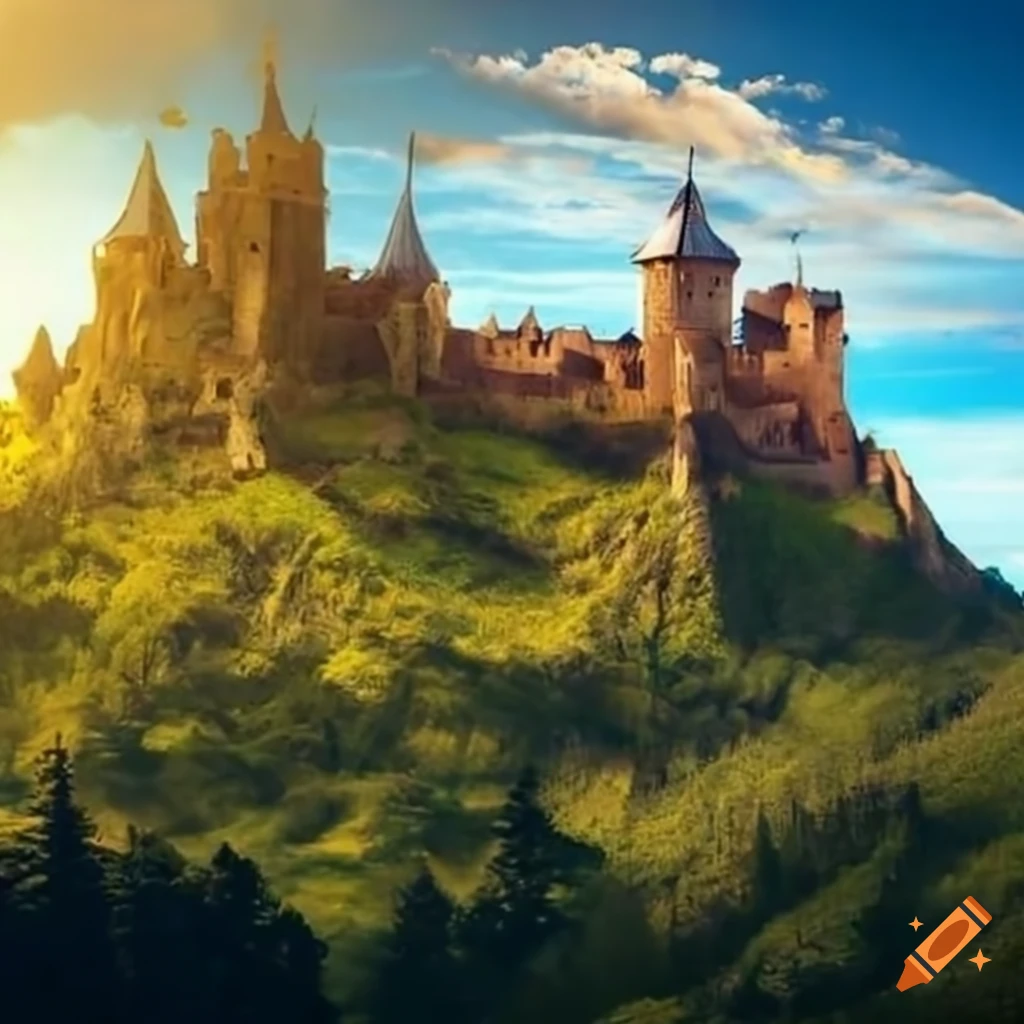 Castle on a mountain in sunlight on Craiyon