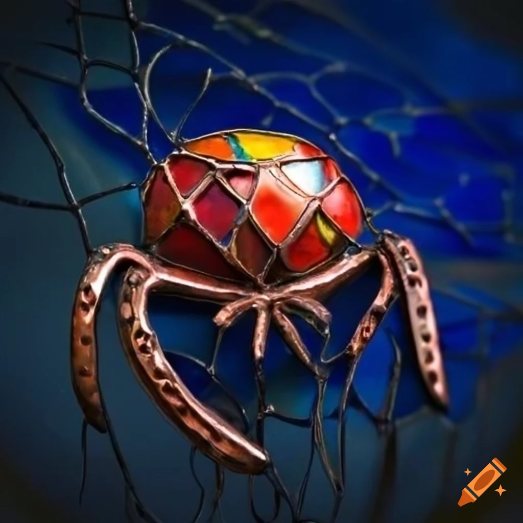 Joro Spider stained glass copper metal tribal design in blue, yellow ...