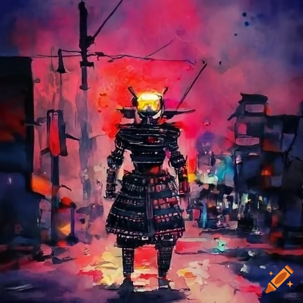 Epic watercolor painting of a red and silver robot samurai battling ...