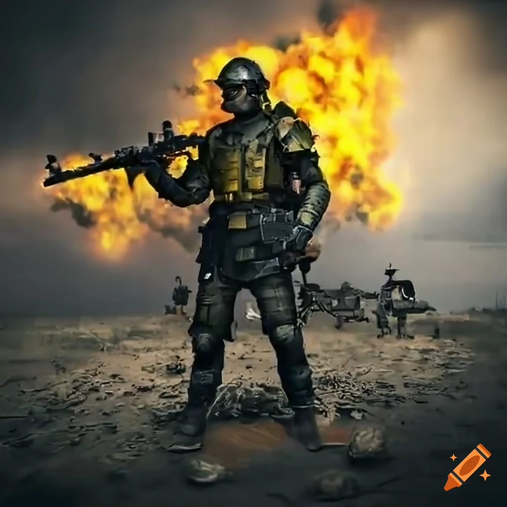 Helldiver soldier in high-tech armor with a flag and rifle in a ...