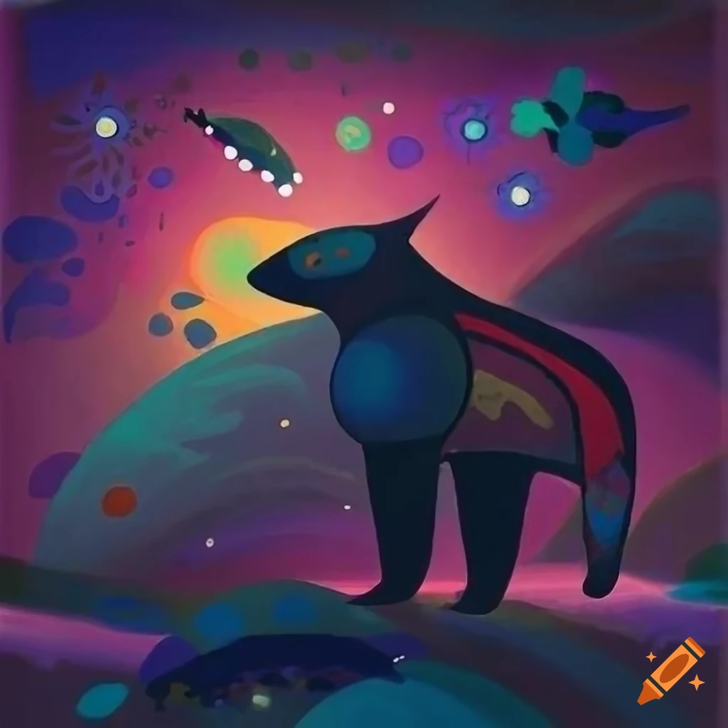 Abstract primitive art landscape with animals in a cosmic setting on ...