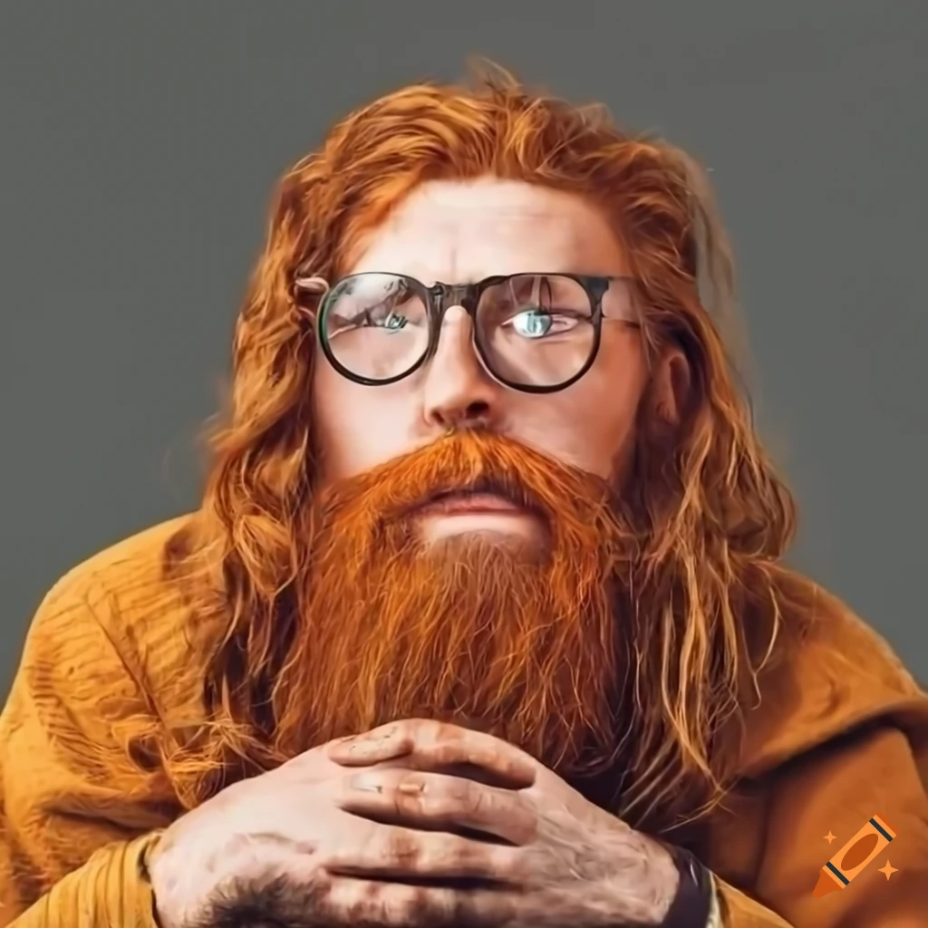 Homeless man with long ginger hair and beard wearing glasses on Craiyon