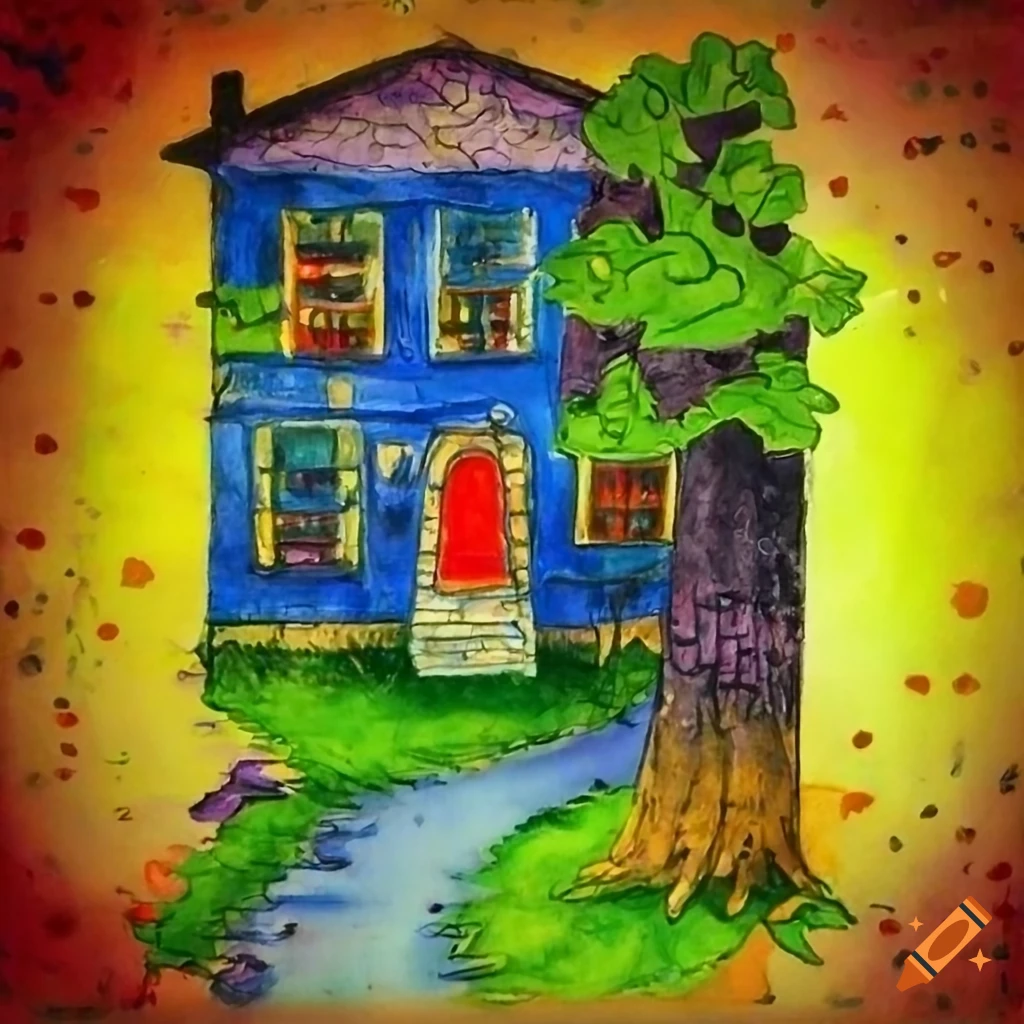 Naive art depiction of cats, trees, and ponds in a colorful setting on ...