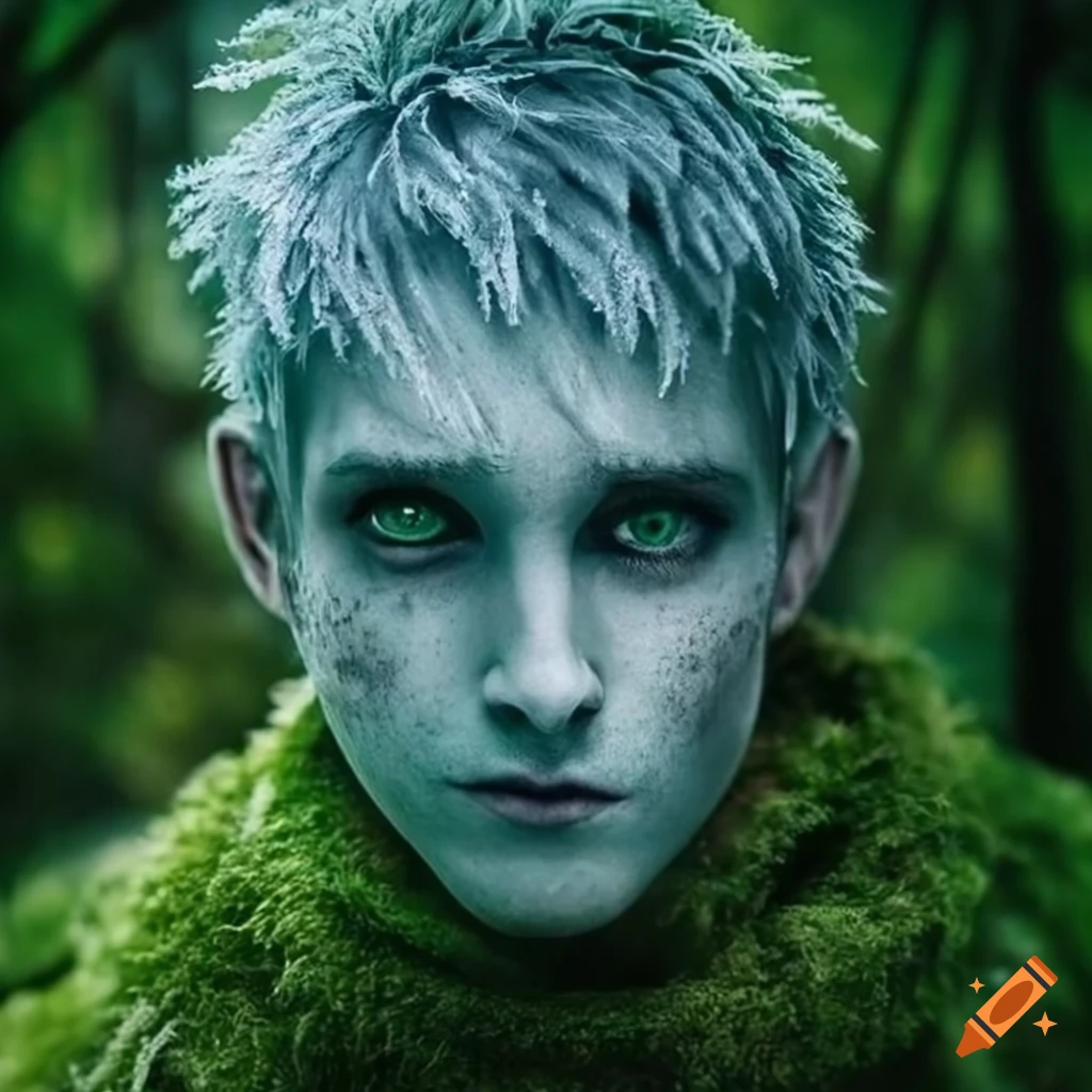 Mystical portrait of Jack Frost covered in moss in a green forest on ...