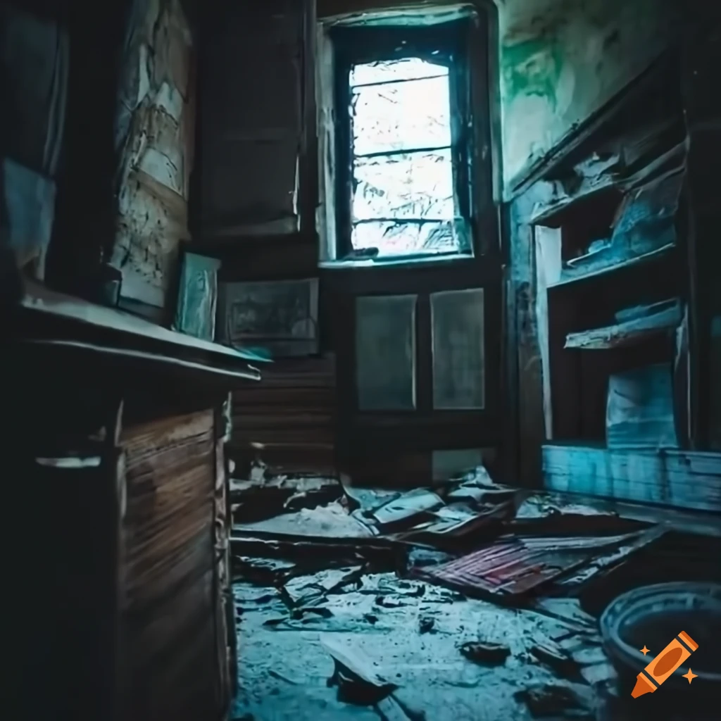 Interior of abandoned shack with bones, books, and whiteboard on Craiyon