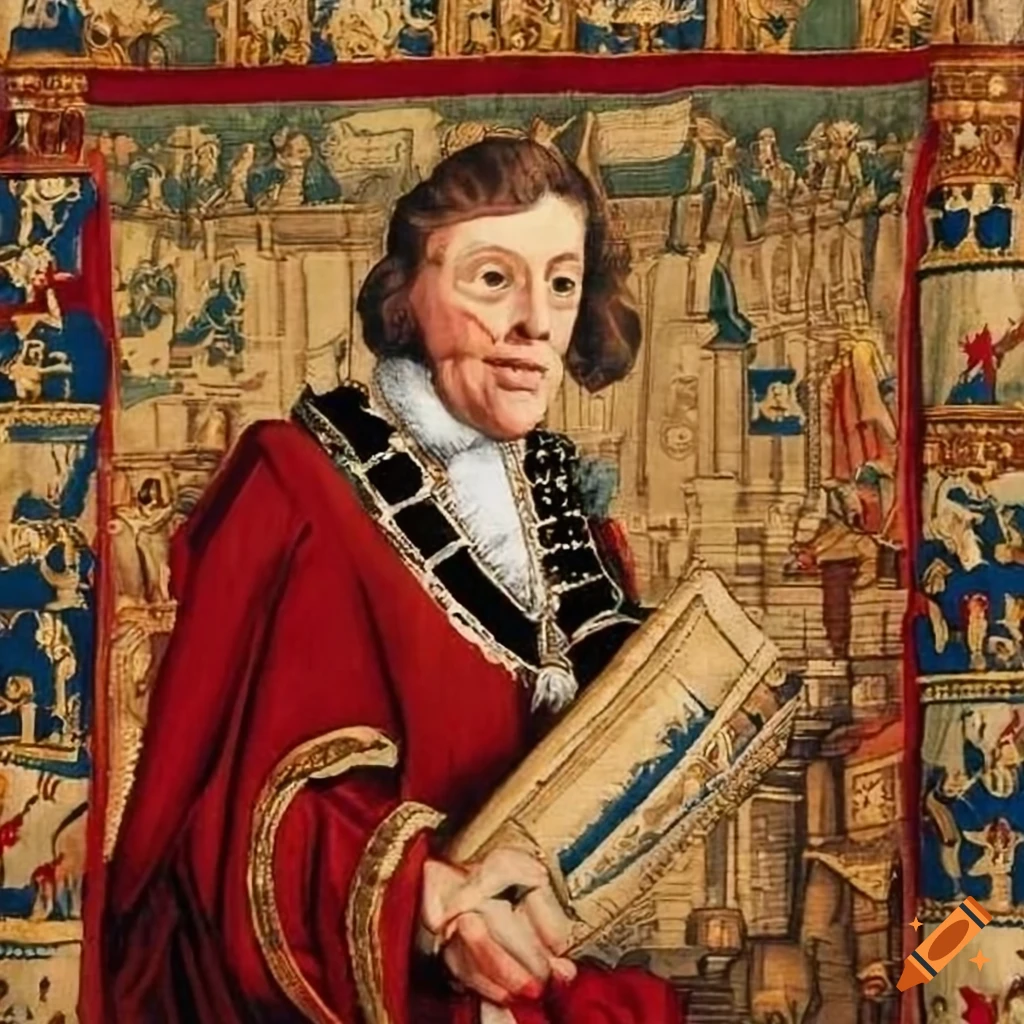 Tapestry depicting the mayor of old london town on Craiyon