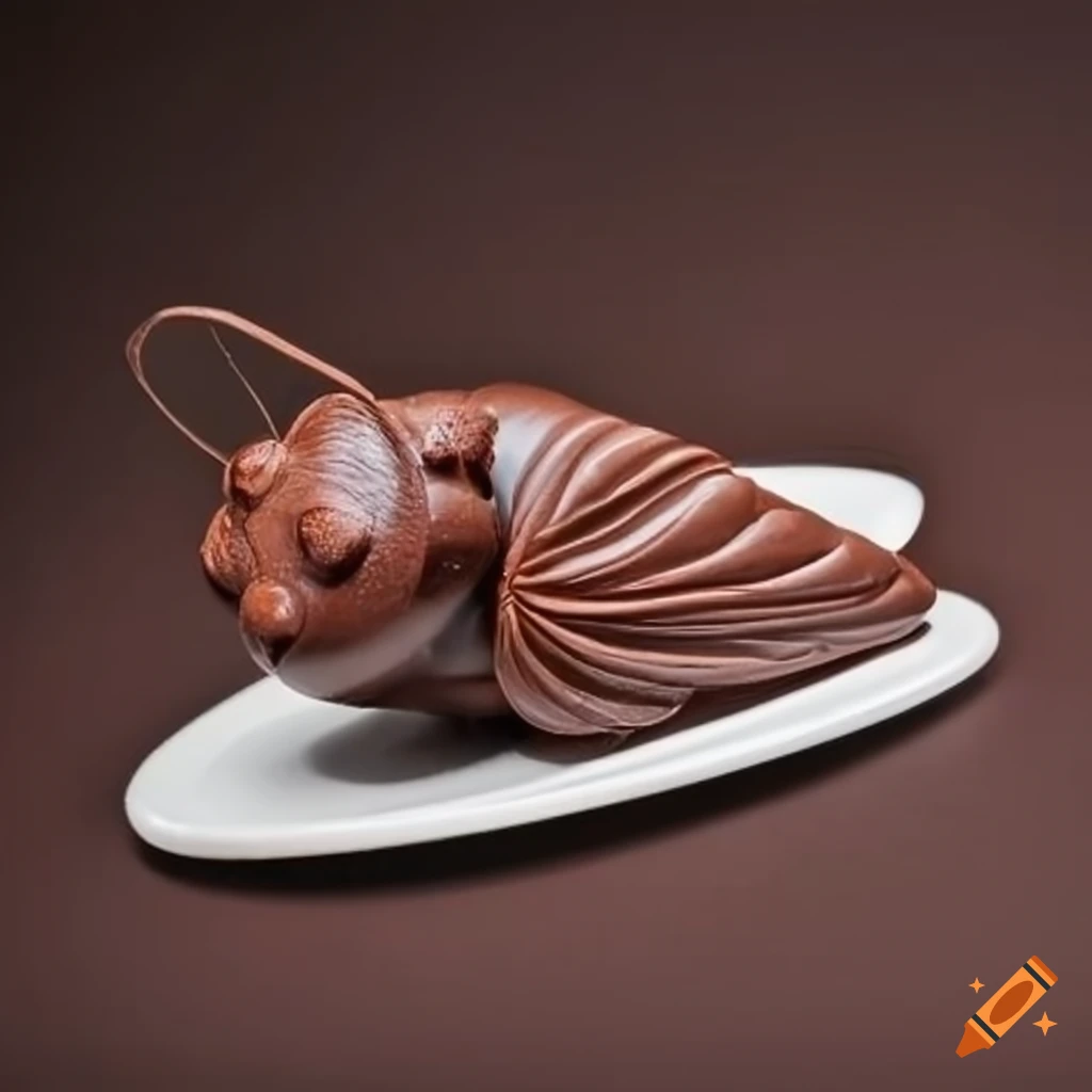 Delicate and elegant cicada-shaped chocolate delicacies on a ...