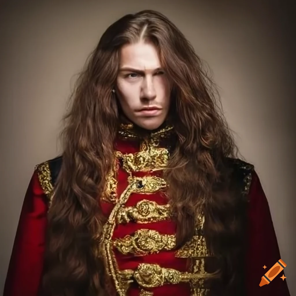 Tall man with long brown hair in royal attire on Craiyon