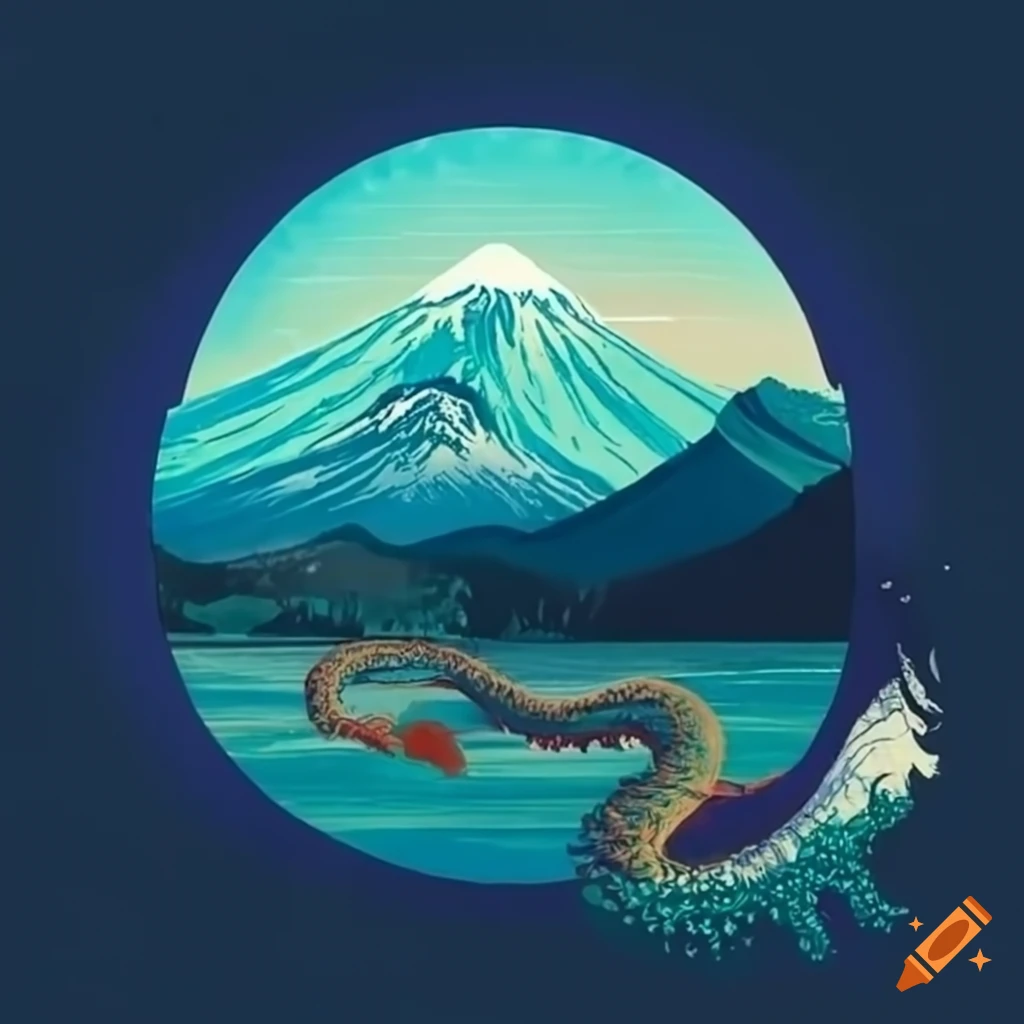 Serene Japanese landscape with Mount Fuji, dragon Shenron, and ...