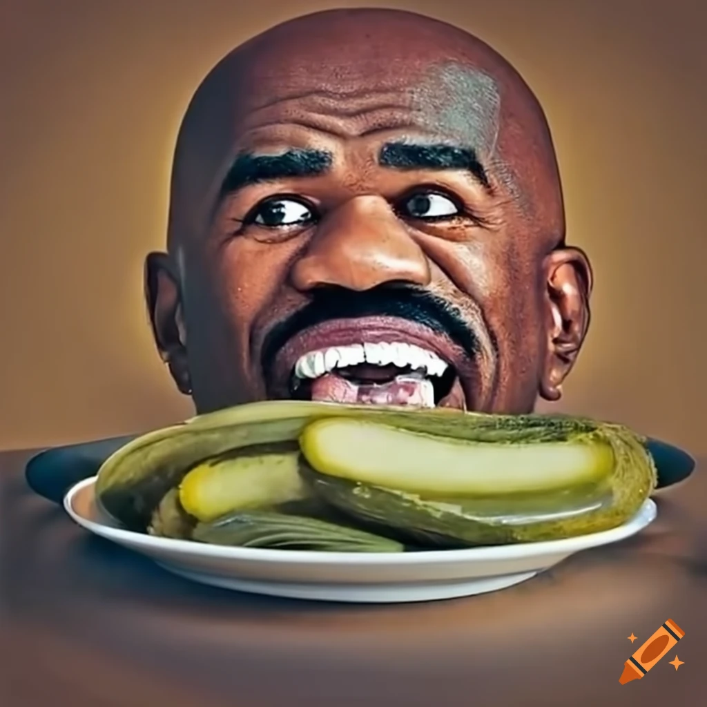 Steve Harvey savoring classic dill pickles for a snack on Craiyon
