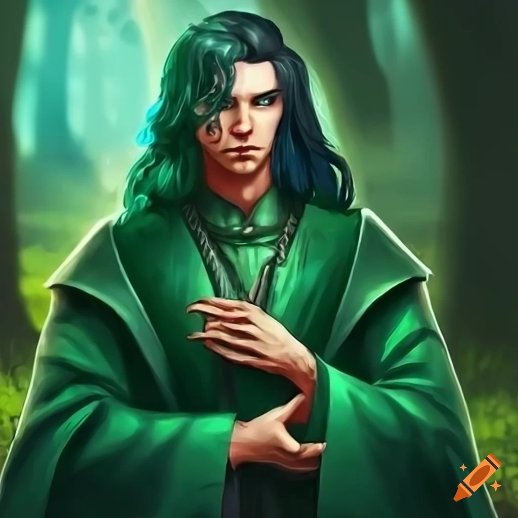 Male nature priest with dark hair in emerald style robes on Craiyon