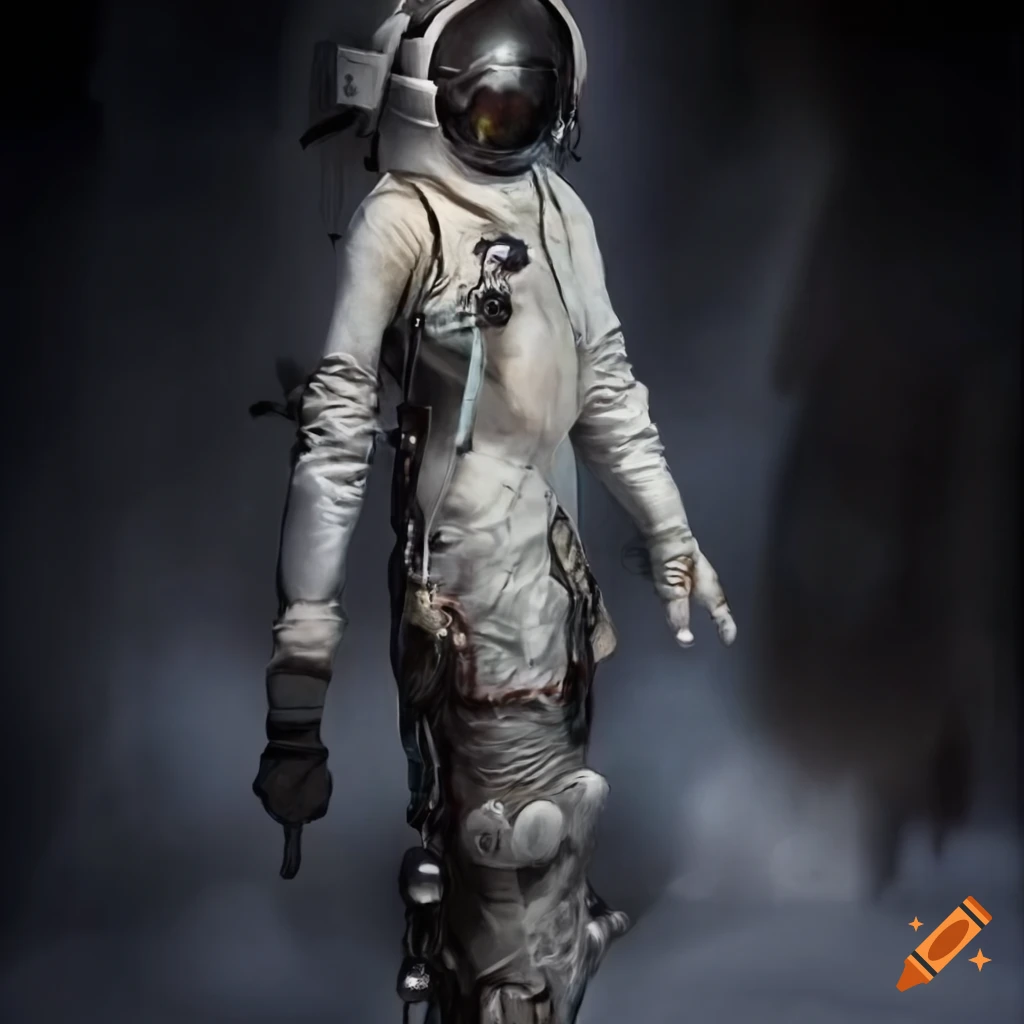 Hospitalized patient in a torn spacesuit with medical braces and machines in a sci-fi design on ...