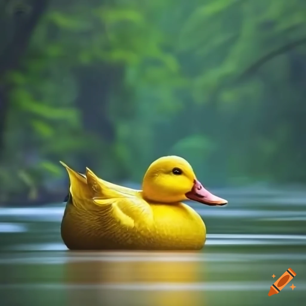 Yellow duck in a lush forest river on Craiyon
