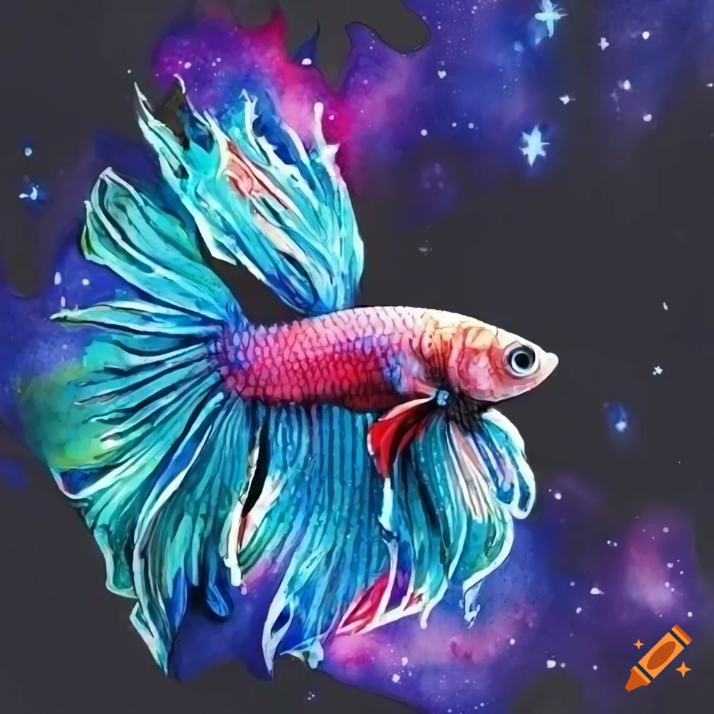 Watercolor betta fish against a galaxy background on Craiyon