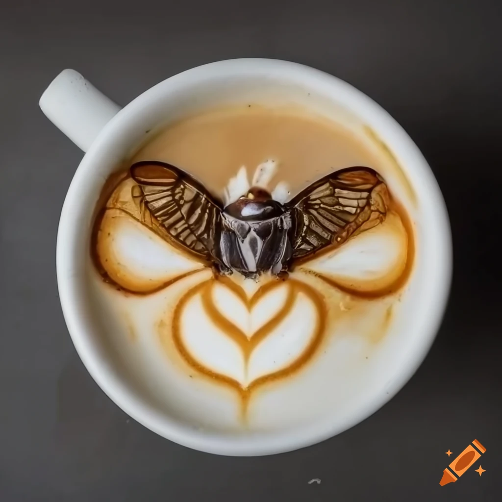 Latte with foam art of a cicada on Craiyon