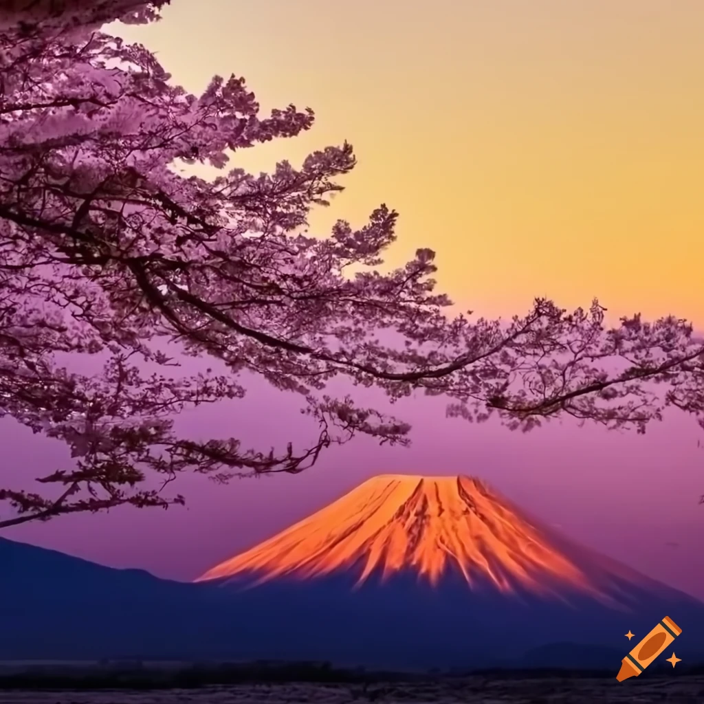 Mount fuji at dawn with cherry blossoms in the foreground on Craiyon
