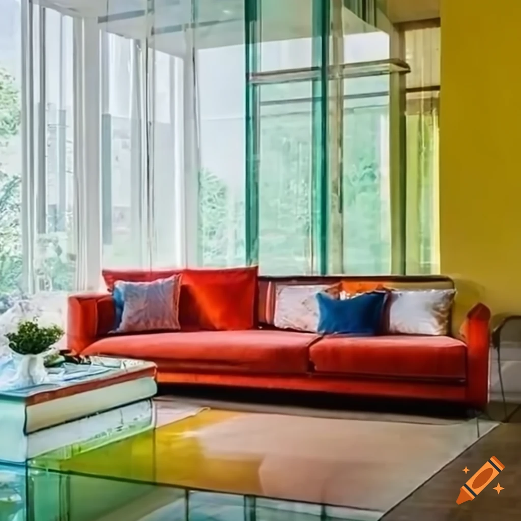 Colorful transparent glass furniture in a modern living room with soft ...