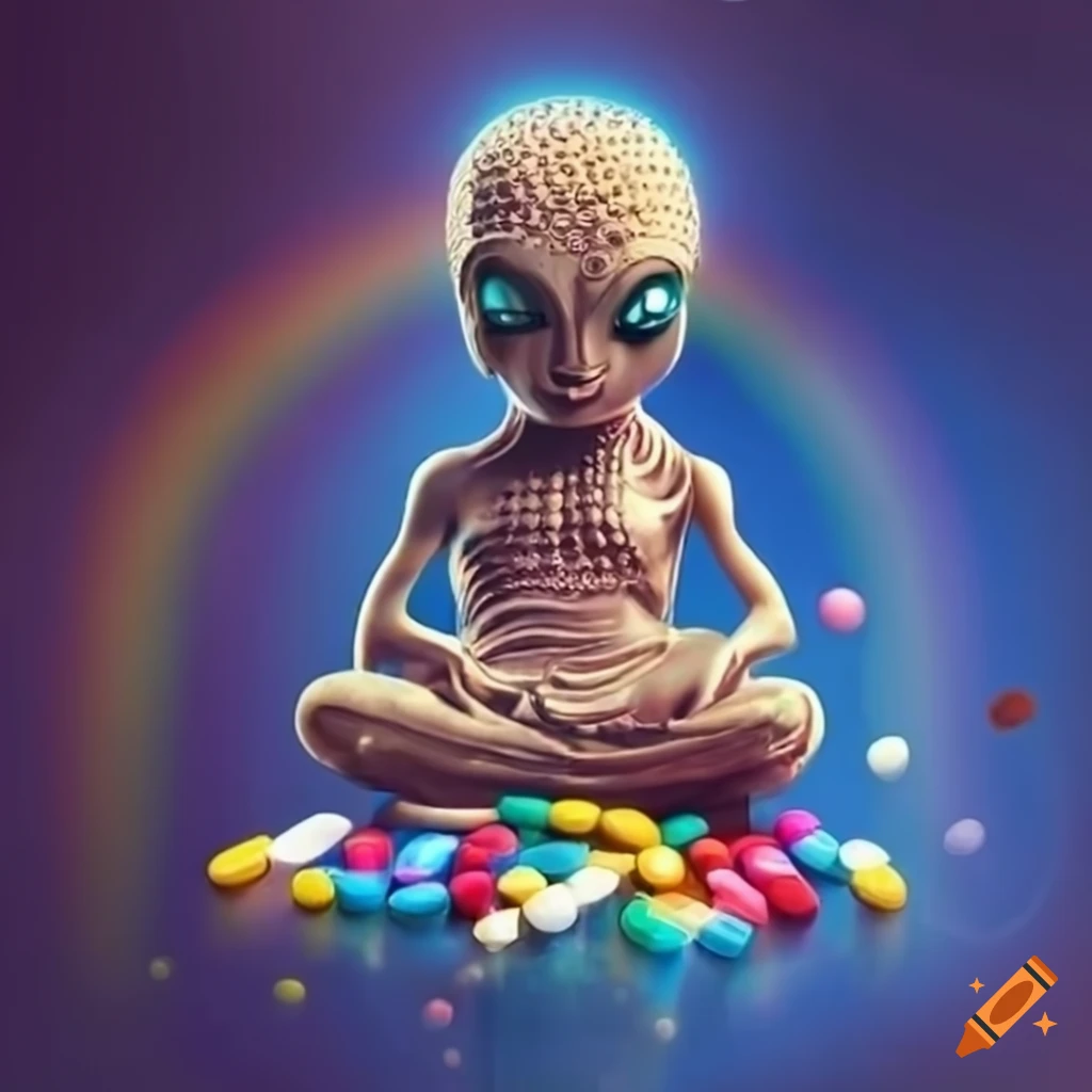 Alien Buddha floating in space with magical rabbit and colorful pills ...