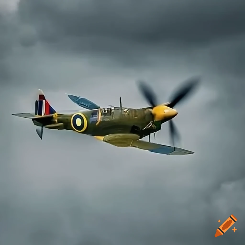 Spitfire plane flying through stormy sky on Craiyon