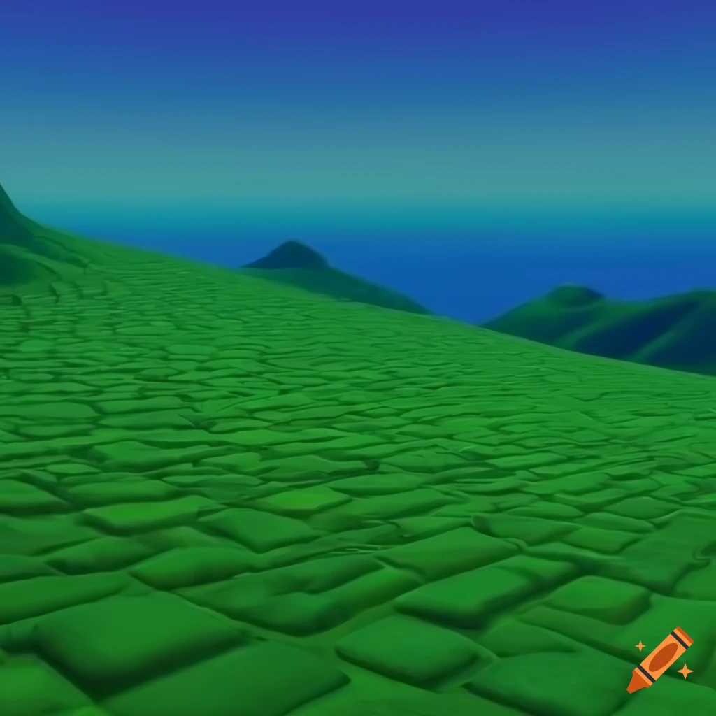 Retro high poly PS1 render with green fields and mountains on Craiyon