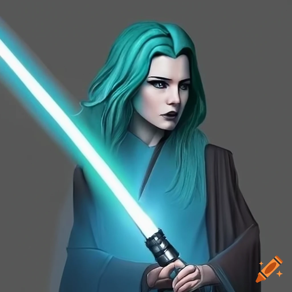 Jedi woman with teal hair wielding a double black lightsaber in a sci-fi setting on Craiyon