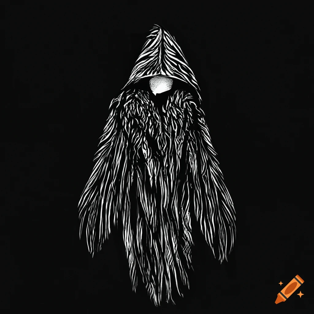 Hooded cloak made of crow feathers in black and white line art on Craiyon