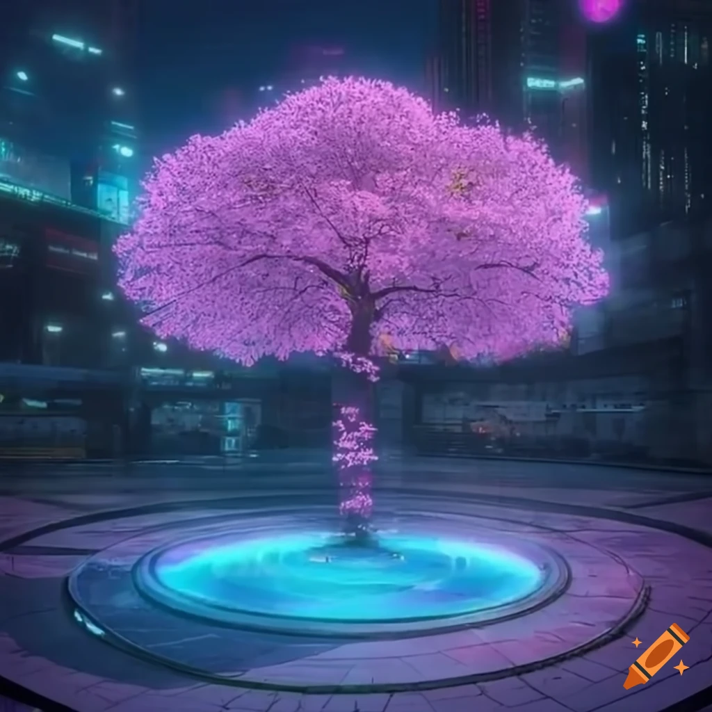 Hologram sakura tree in a cyberpunk city square on Craiyon